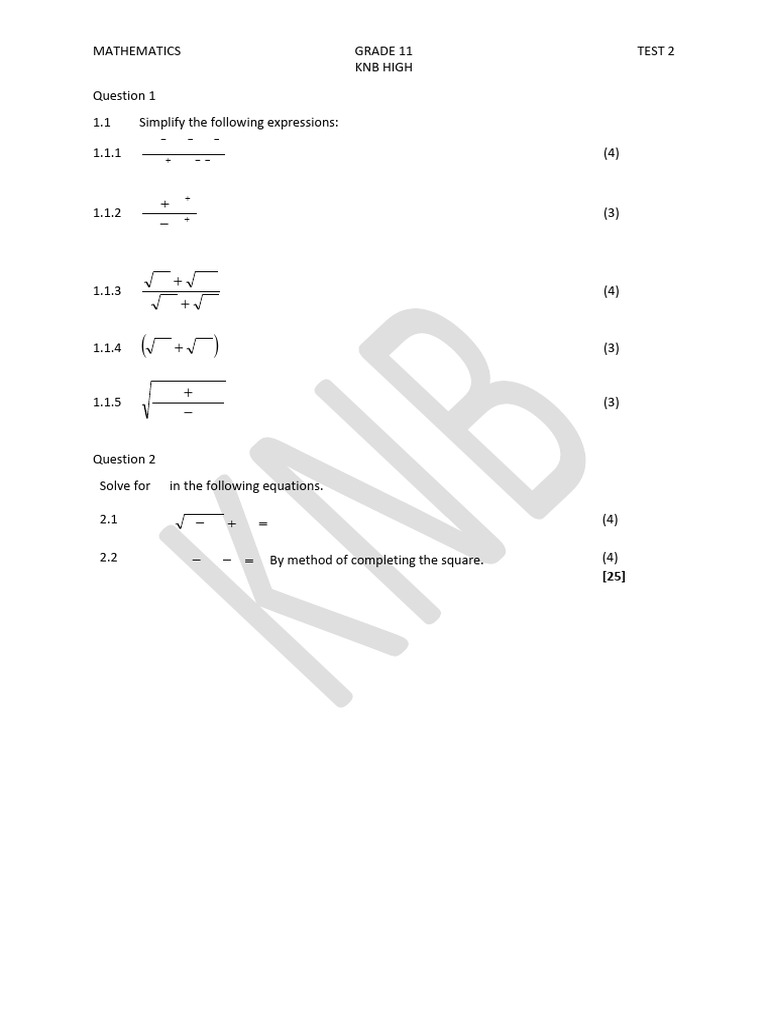 Grade 11 Mathematics Test 2 | PDF