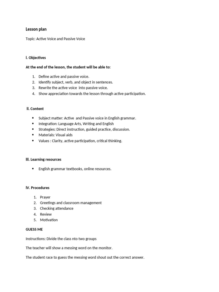 Active and Passive Voice Lesson Plan | PDF | Lesson Plan | Verb