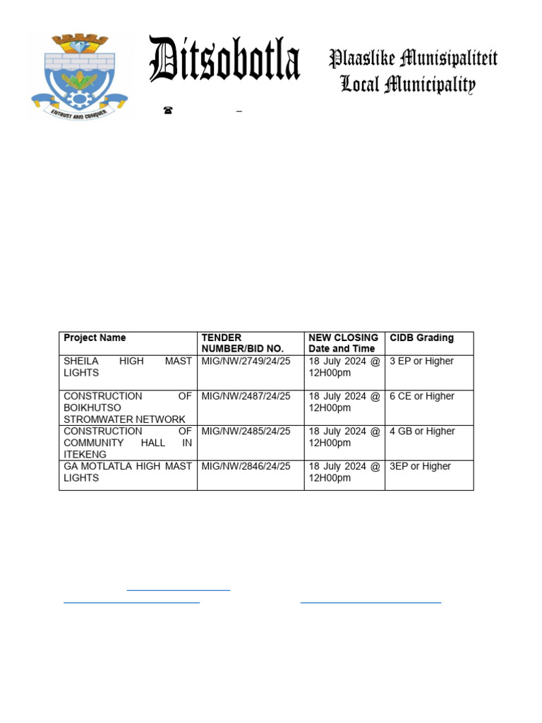 Tender Erratum For Extension of The Closing Date 18 July 2024 at 12h00 | PDF
