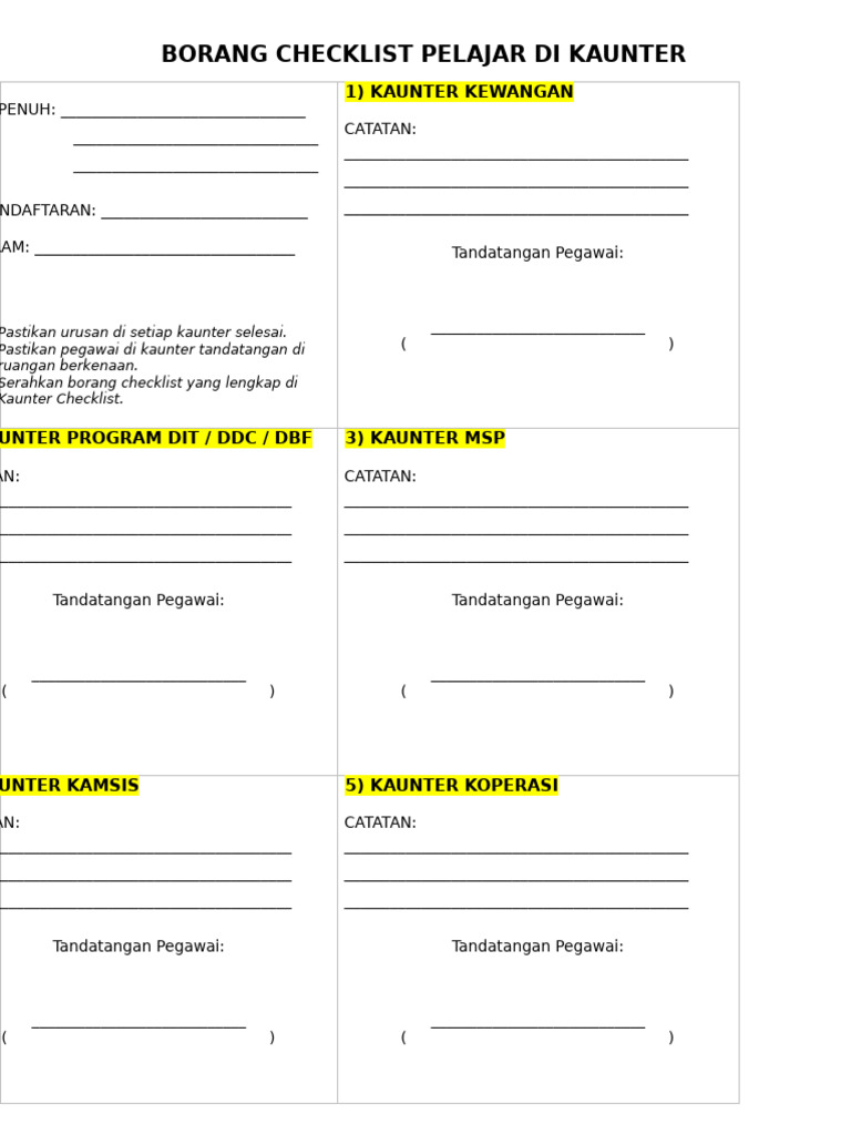BORANG CHECKLIST PELAJAR DI KAUNTER | PDF
