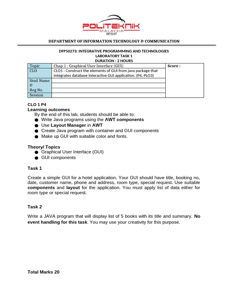 DFP50273 LAB TASK1 lecturer | PDF | Graphical User Interfaces | Java (Programming Language)