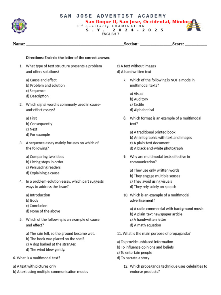 English 7 3rd quarter exam | PDF | Essays | Waste English 7 3rd quarter exam | PDF | Essays | Waste