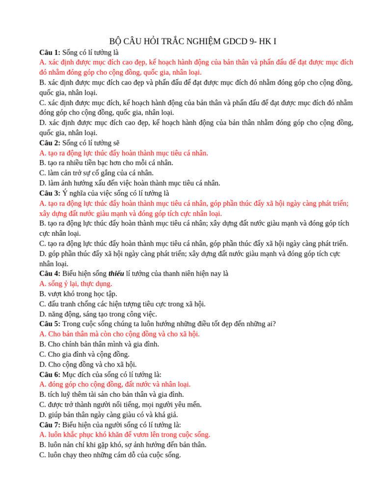 6. Bo cau hoi TN GDCD 9- HK I- 24 | PDF
