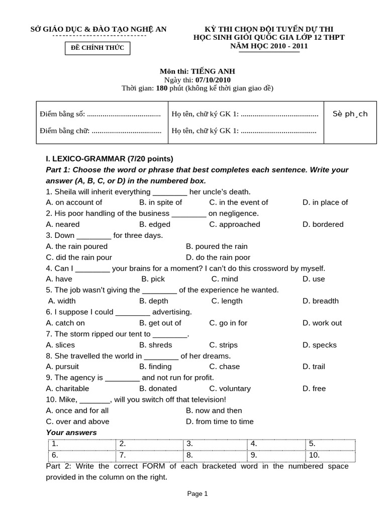 Chon Doi Tuyen Du Thi Hoc Sinh Gioi Quoc Gia Lop 12 Thpt Nam Hoc 2010 2011 | PDF | Guitars