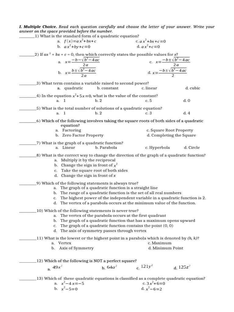 Quadratic Equation Practice Quiz | PDF | Quadratic Equation ...