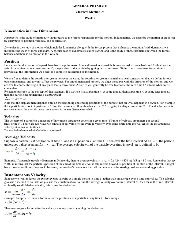 GENERAL PHYSICS I Kinematics in One Dimension - 023913 | PDF ...