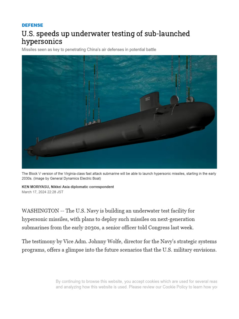 U.S. Speeds Up Underwater Testing of Sub-Launched Hypersonics - Nikkei ...