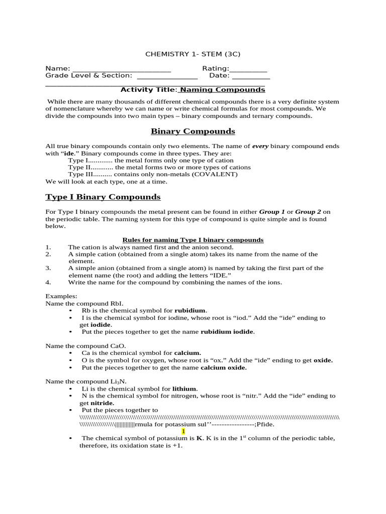 Activity Naming Compounds Pdf Ion Chemical Compounds