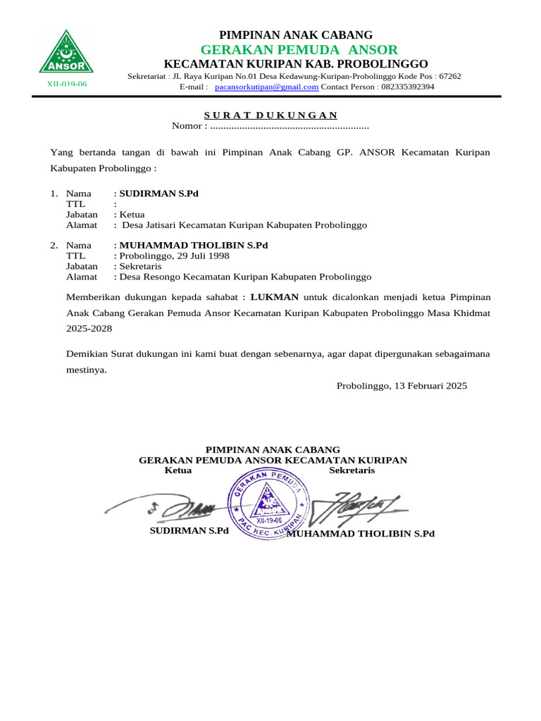 Surat Rekomendasi Pac Kuripan | PDF