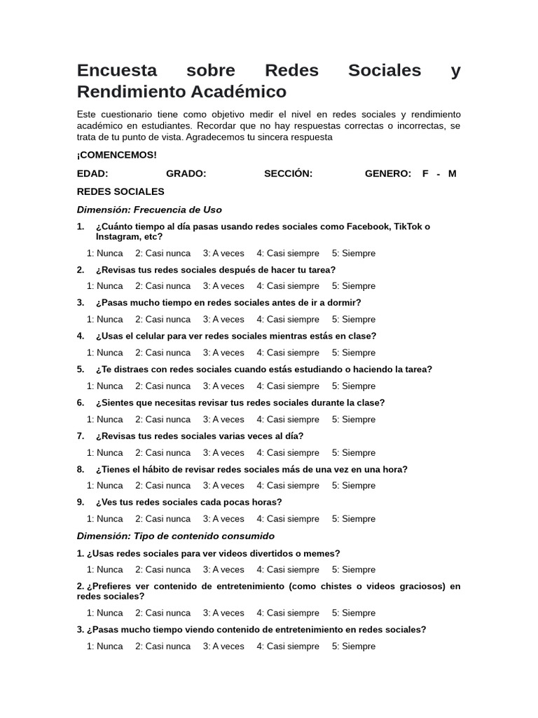 Encuesta Sobre Redes Sociales y Rendimiento Academico | PDF