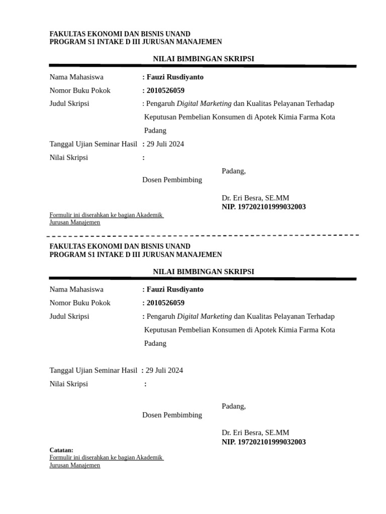 Blangko Nilai Bimbingan Fauzi | PDF