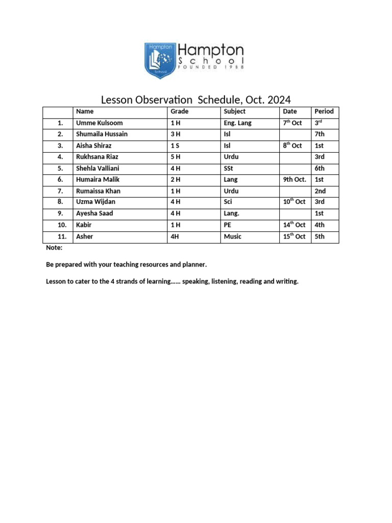 October 2024 Lesson Observation Schedule | PDF