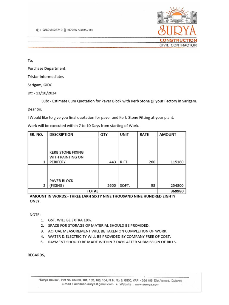 Paver Block & Kerb Stone Quotation | PDF