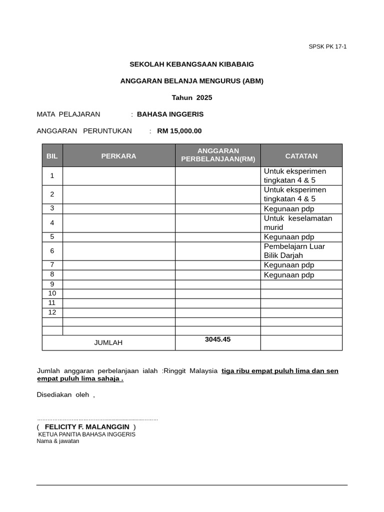 PK 17-1 Anggaran Belanja Mengurus (Abm13) Panitia Bi 2025 | PDF
