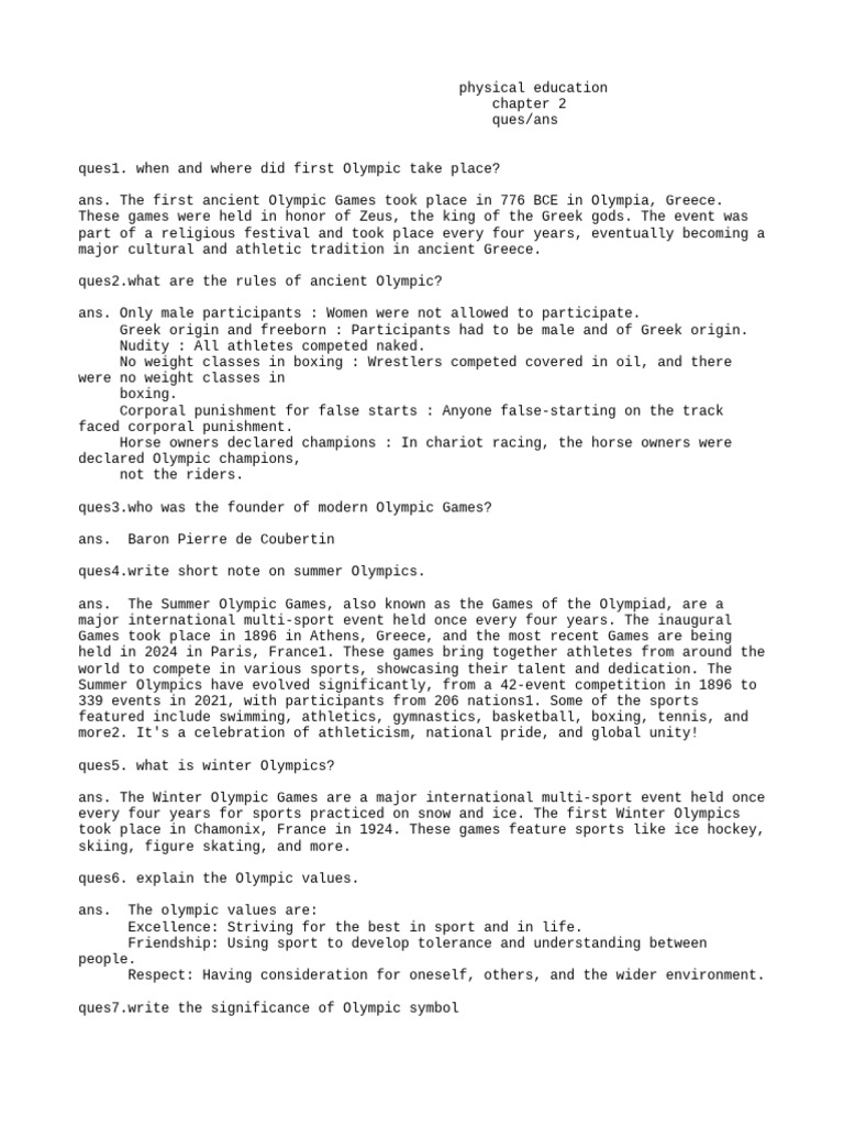 Physical Education CH 2 Ques Ans | PDF | Olympic Games | Sports