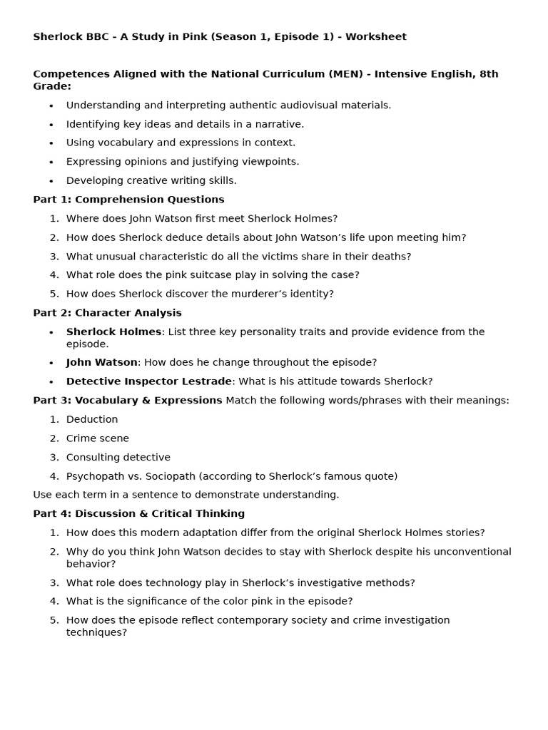 Sherlock BBC S1E1 Worksheet Guide | PDF