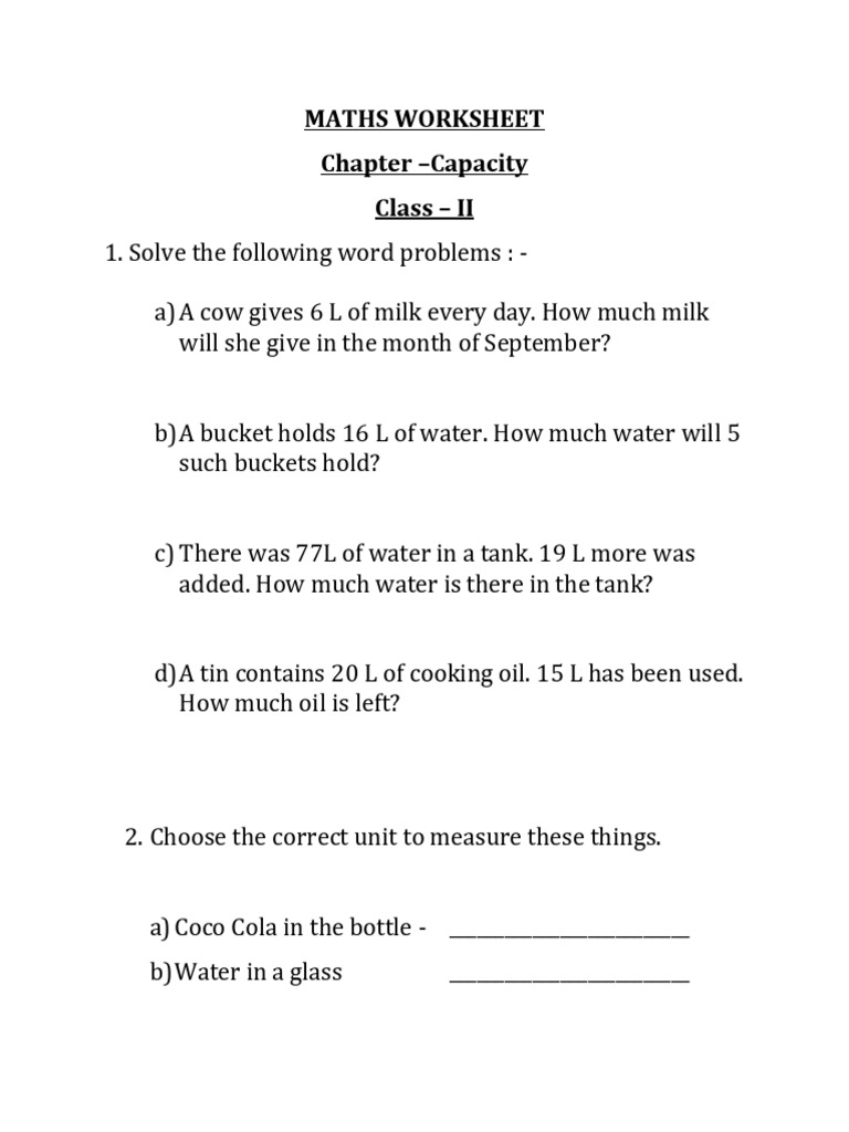 Worksheet Class 2 - Capacity II | PDF