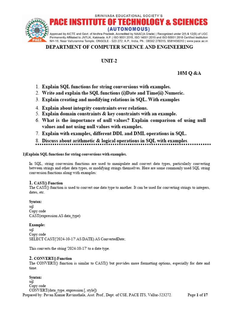 SQL Functions: String, Date, Numeric Guide | PDF | Relational Database | Relational Model