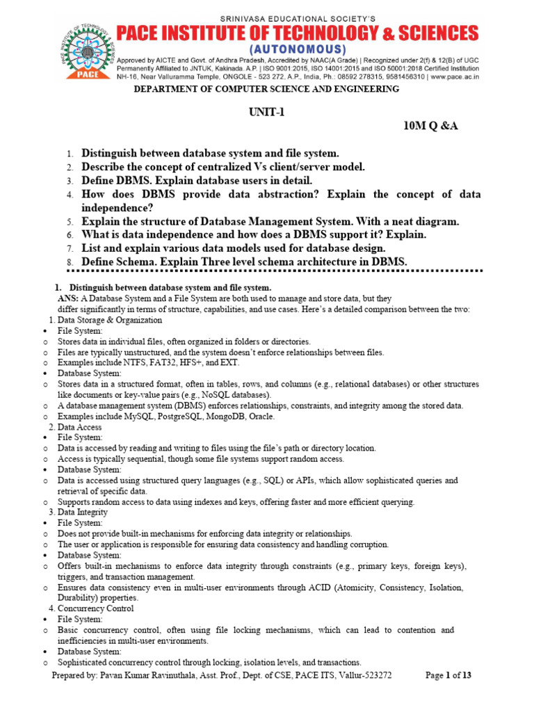 Unit-1 Important Questions & Answers | PDF | Databases | Data Model