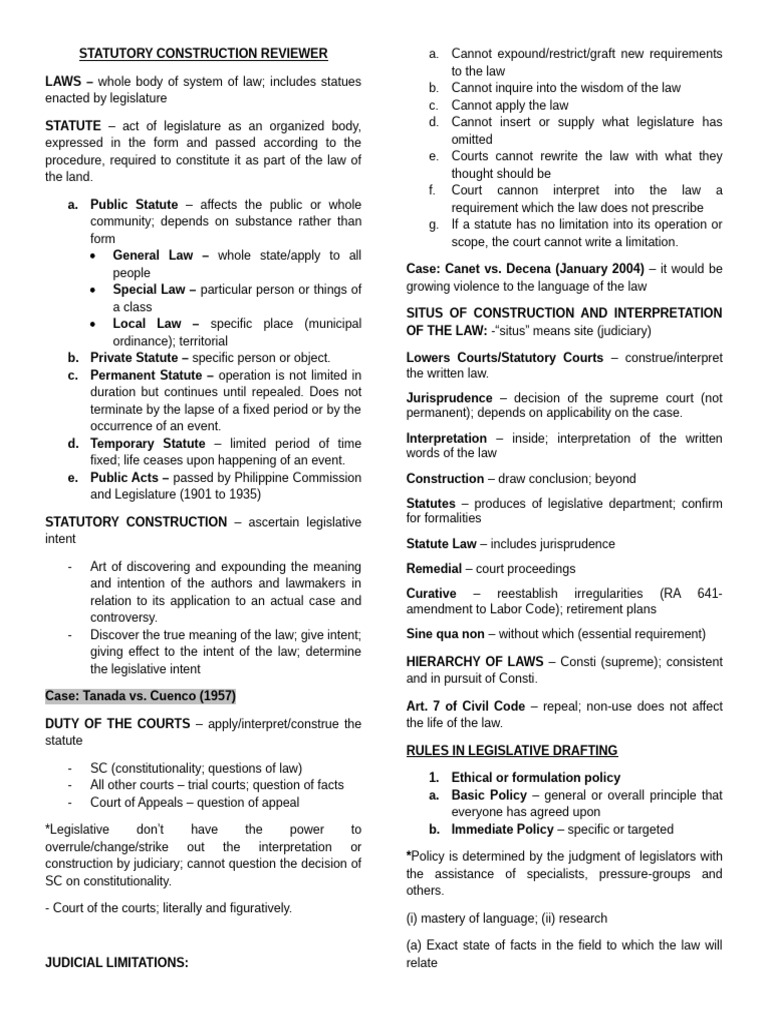 Statutory Construction Reviewer | PDF | Precedent | Bill (Law)
