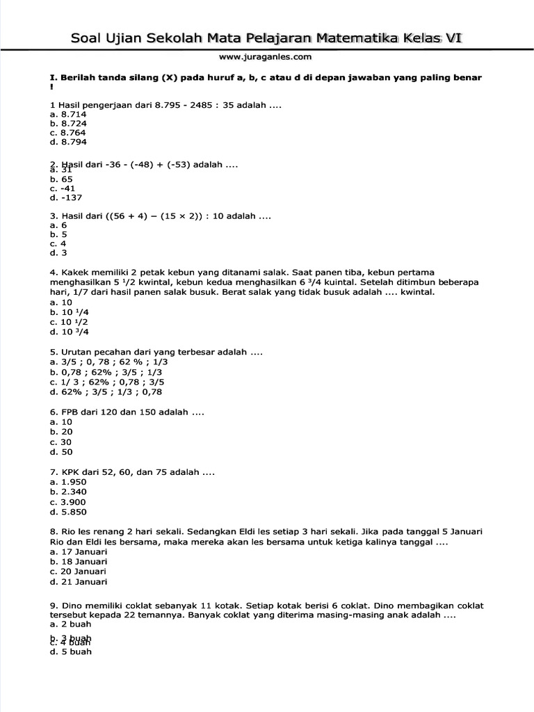 PDF Soal Ujian Sekolah Matematika Kelas 6 Sd Mi Compress | PDF
