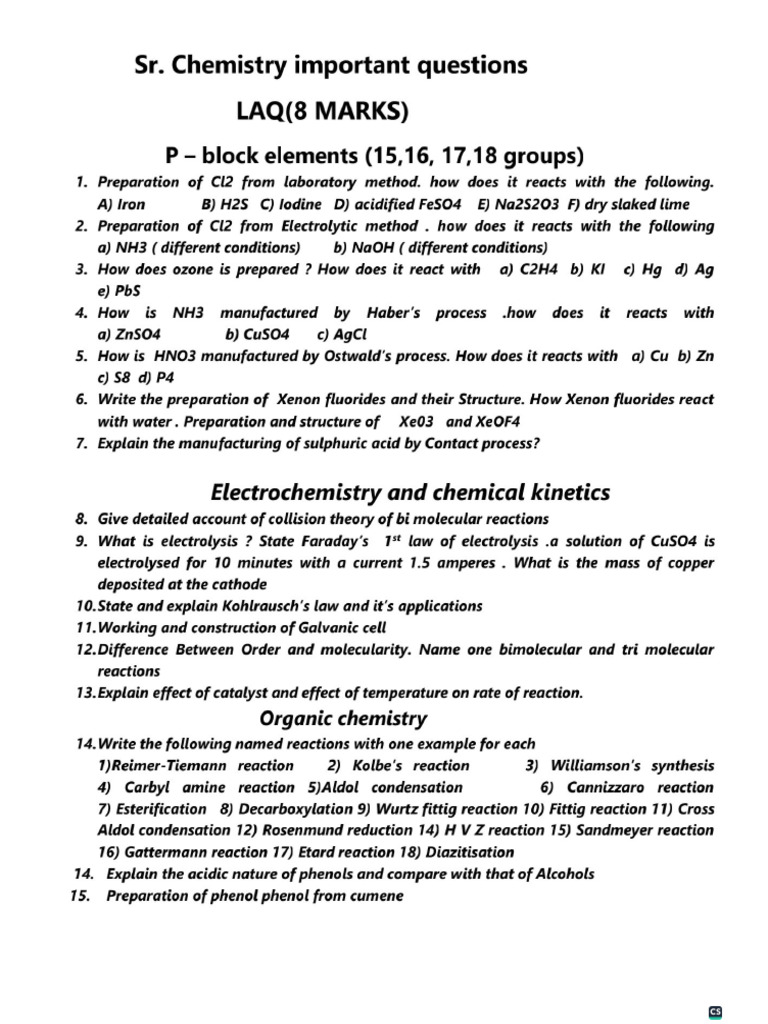 Sr. Chemistry Important List | PDF