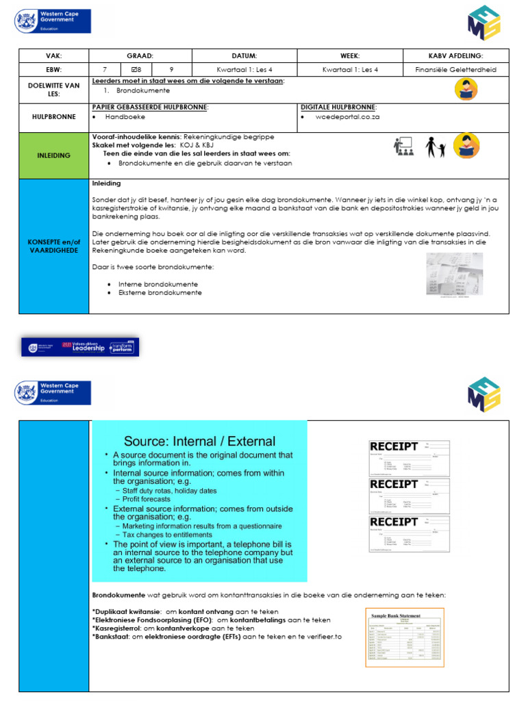 Lesplan Graad 8 EBW Kwartaal 1 Les 4 | PDF