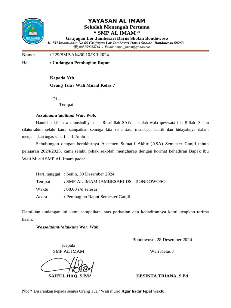 UNDANGAN RAPOTAN ASA GANJIL SMP | PDF