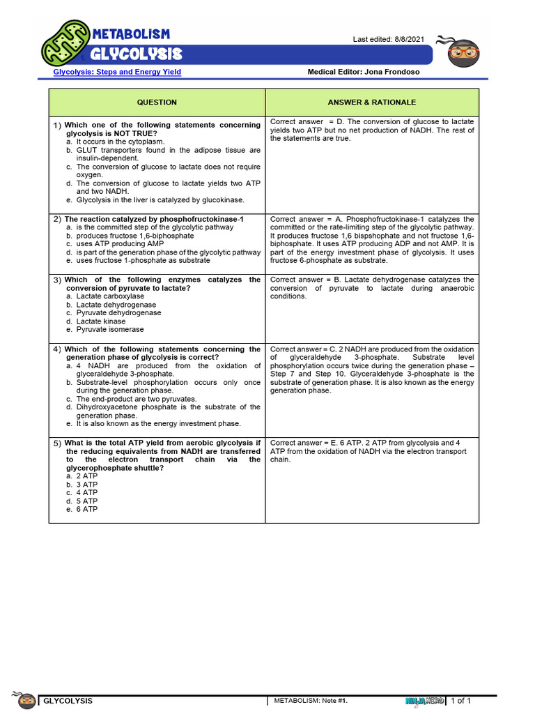 156 - Metabolism Physiology) Glycolysis Tmp1.1 @jona Q&A | PDF | Glycolysis | Adenosine Triphosphate