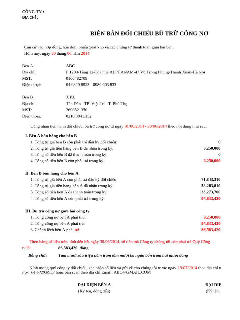 Bien Ban Doi Chieu Bu Tru Cong No | PDF