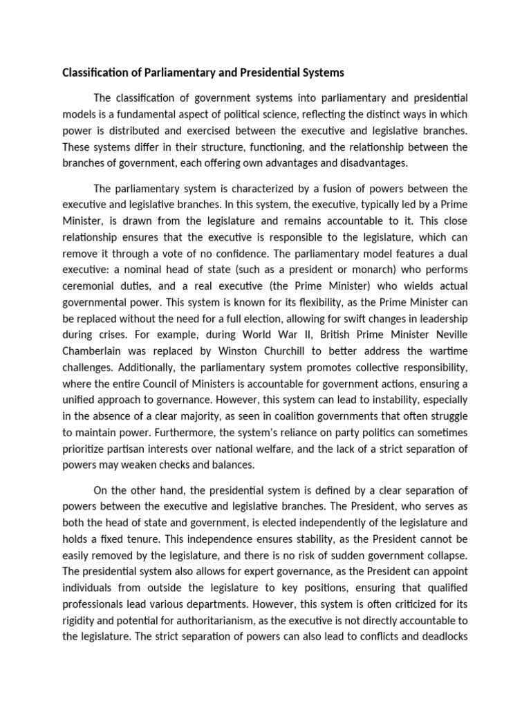 Classification of Parliamentary and Presidential Systems | PDF ...