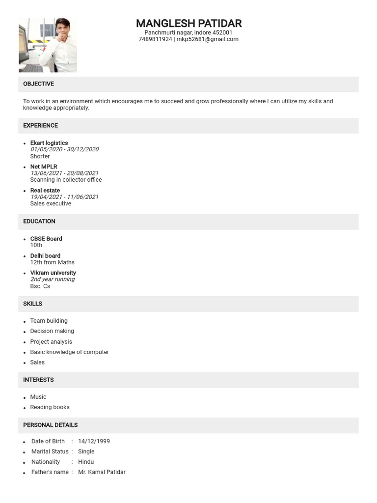 Manglesh Patidar: Objective | PDF