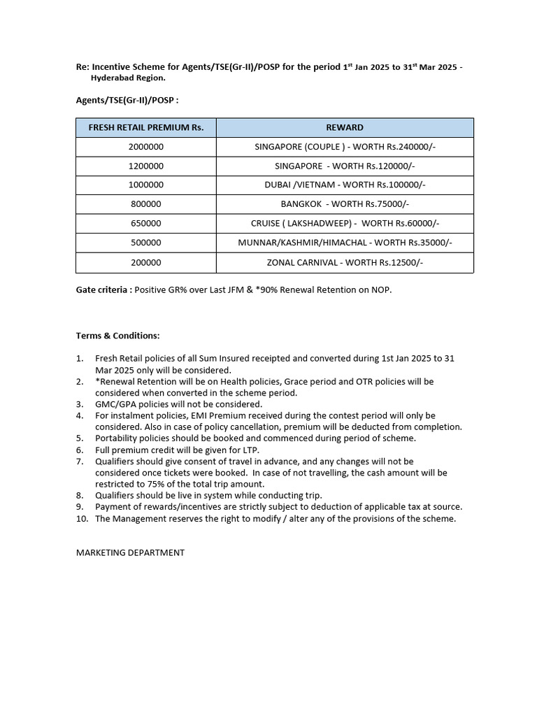 Incentive Scheme For Agents TSE-GrII and POSP - 1st Jan 2025 To 31st ...