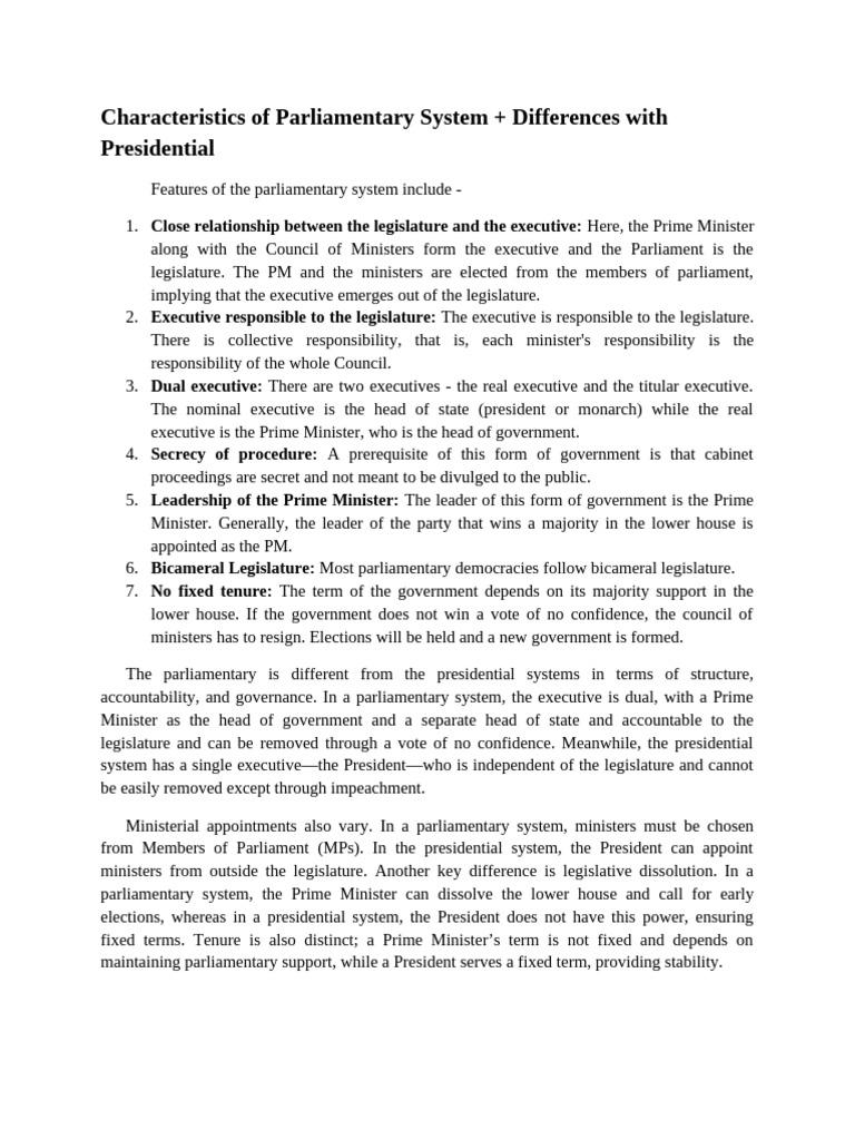 Nature and Characteristics of Parliamentary System | PDF | World ...