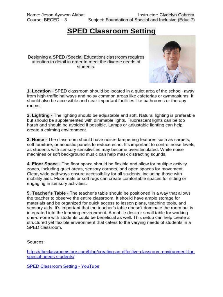 SPED Classroom Setting HANDOUT | PDF | Classroom | Special Education
