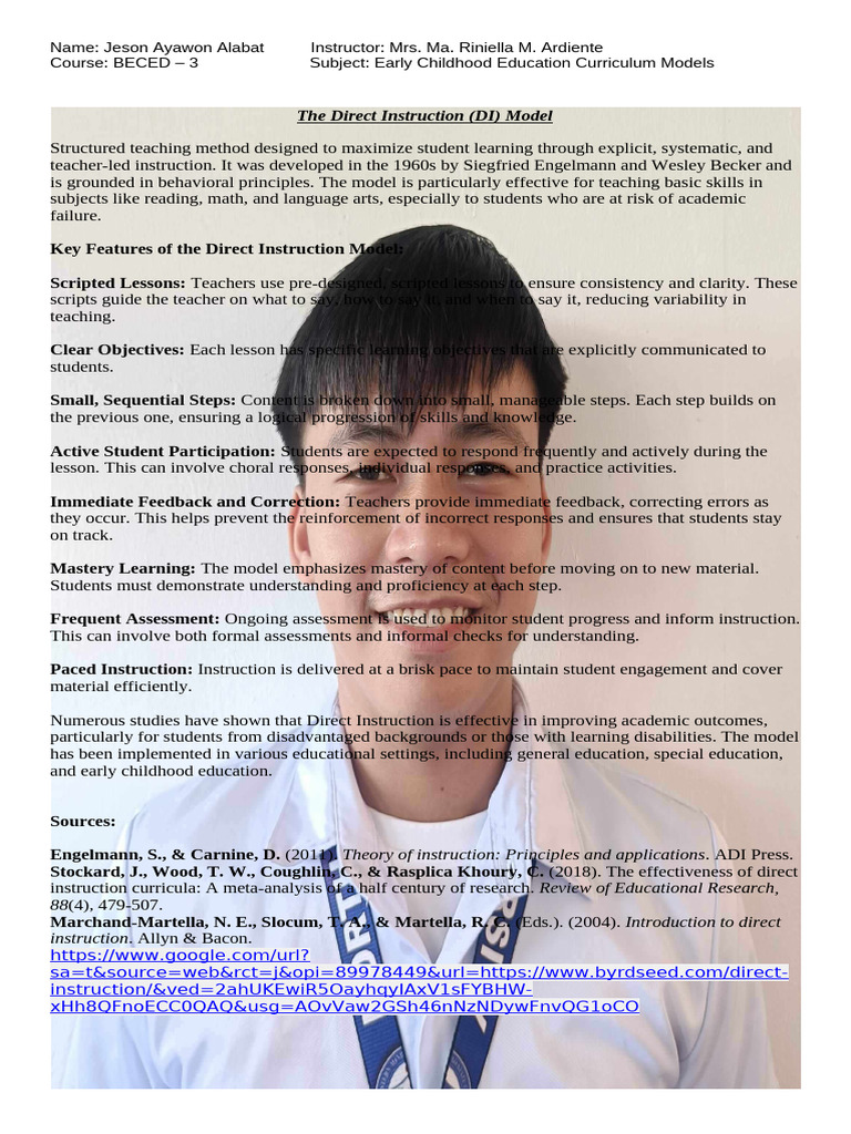 Direct Instruction Model HANDOUT | PDF | Curriculum | Teachers
