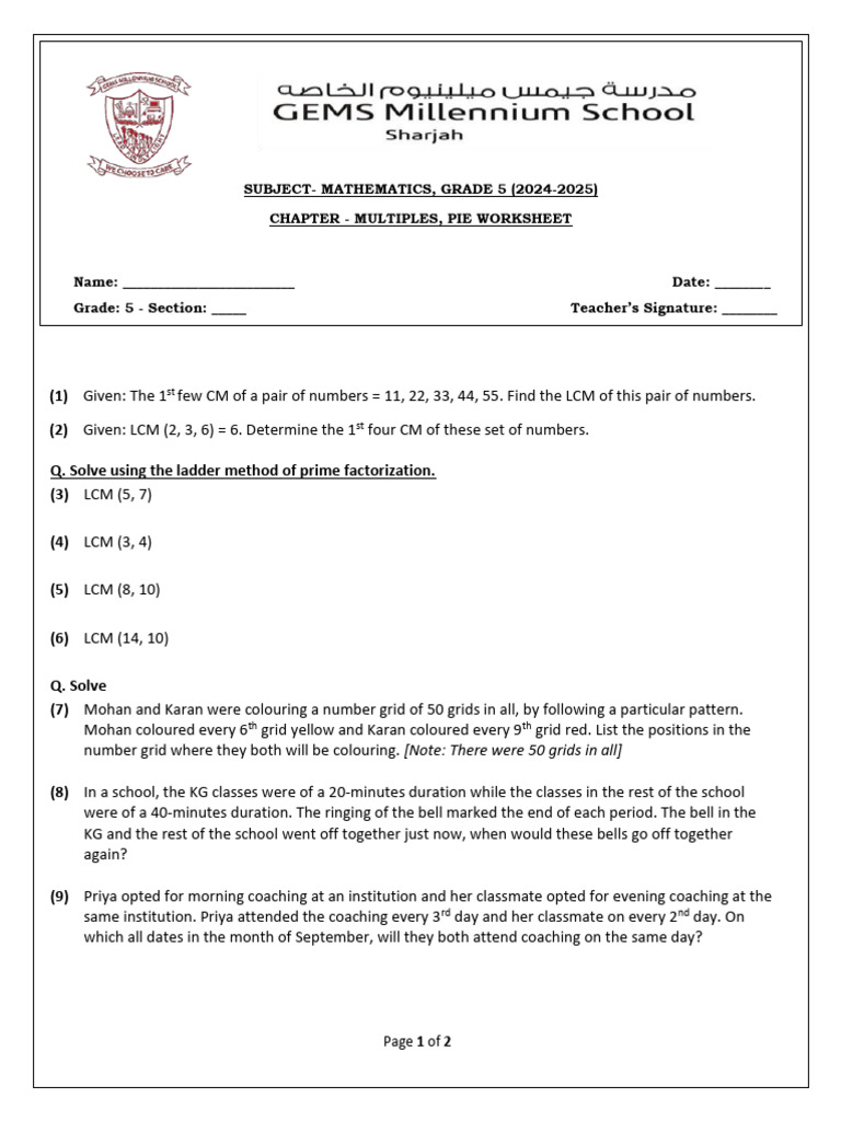Grade 5 LCM and Multiples Worksheet | PDF | Mathematics