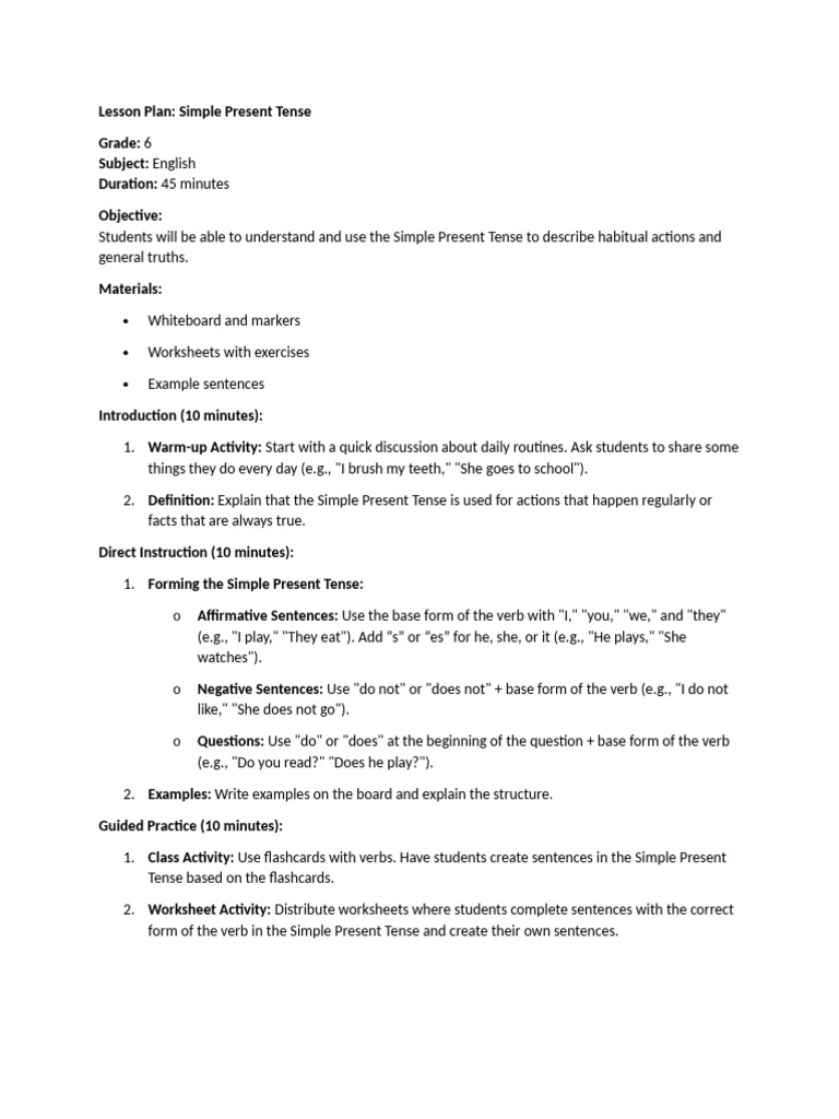 Lesson Plan-Simple Present Tense | PDF | Grammatical Tense | Linguistics