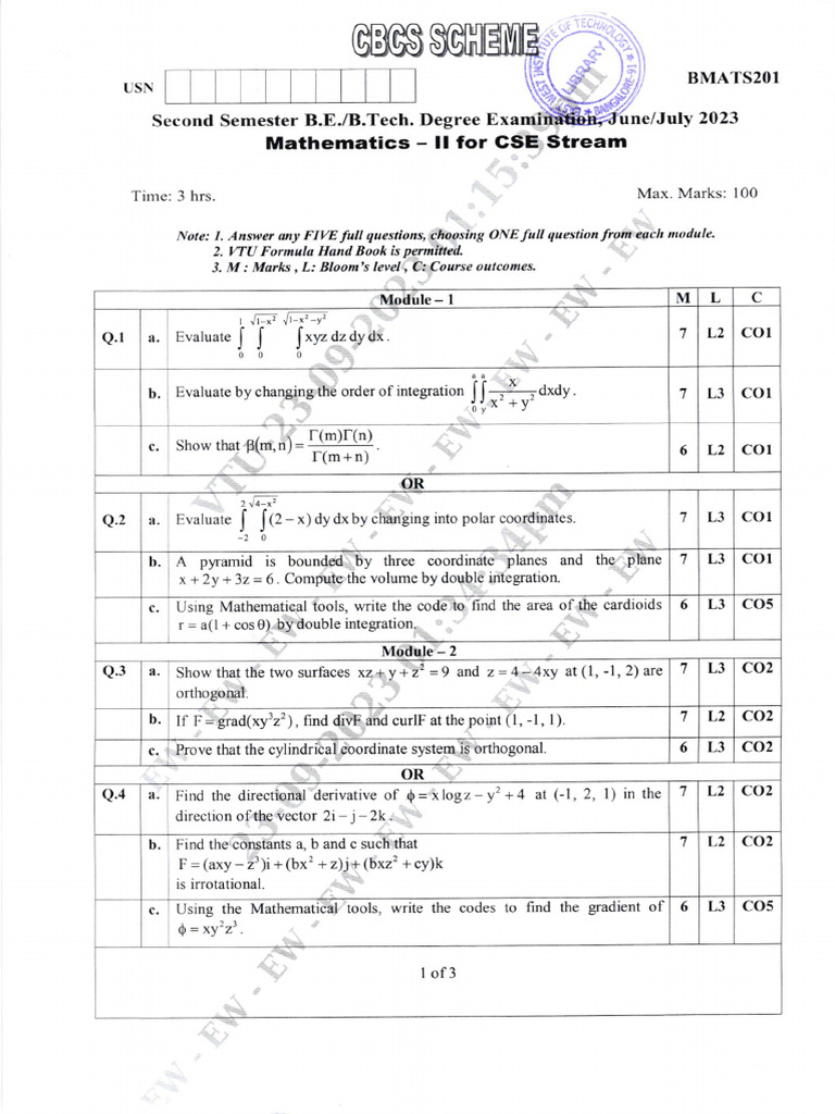 BMATS201_ June.july 2023 Mathematics Ll for CSE Stream | PDF | Vector Space | Linear Subspace