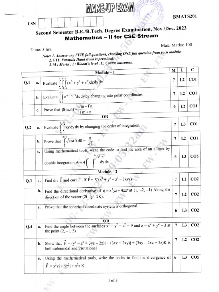 BMATS201_ NOV.dec 2023 Mathematics II for CSE Stream | PDF
