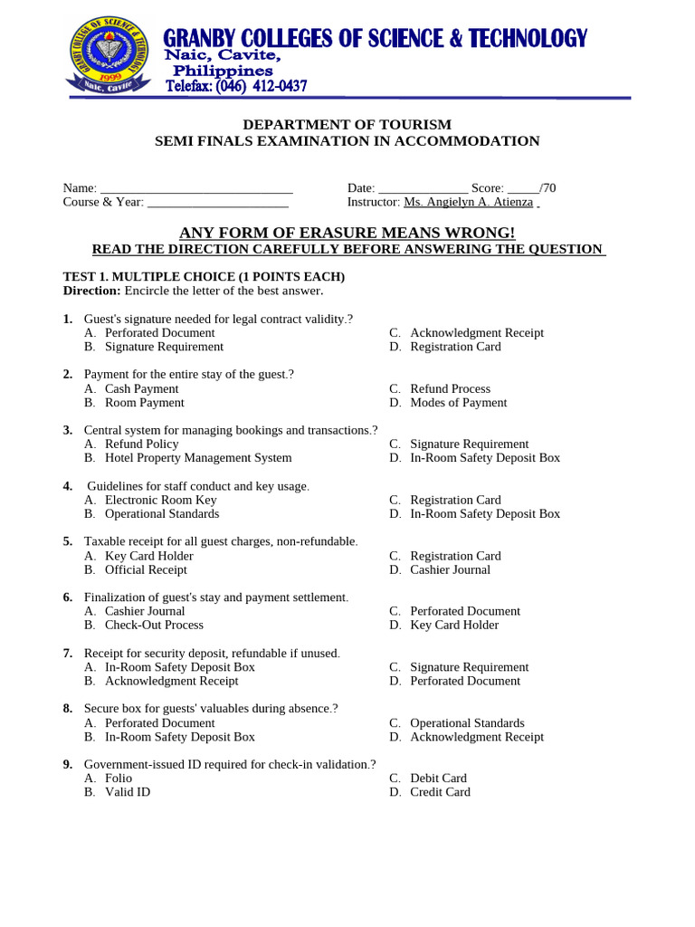 Accommodation Exam: Multiple Choice & ID | PDF | Payments | Credit Card