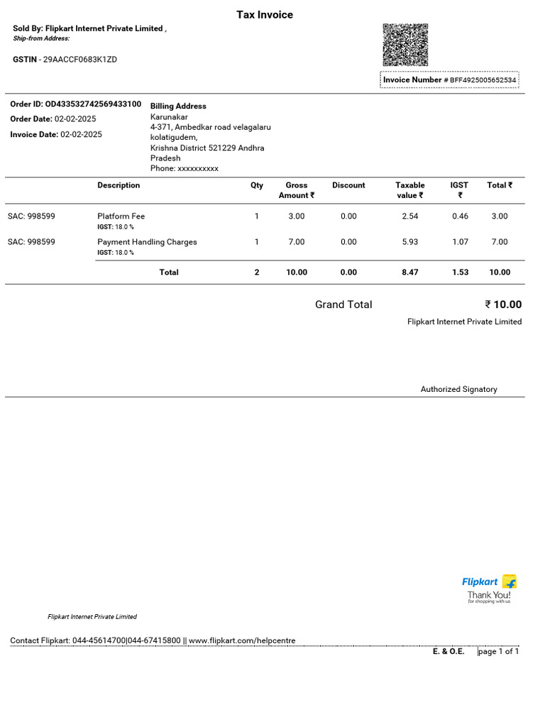 Flipkart Tax Invoice for Order OD433532742569433100 | PDF | Payments