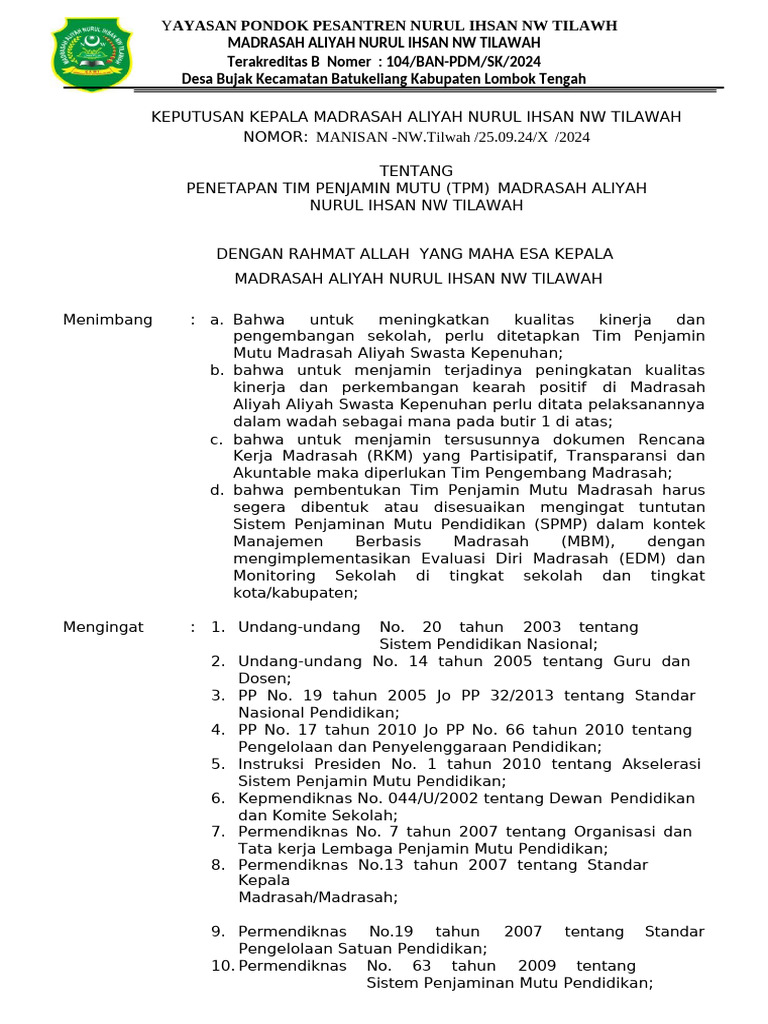 Penetapan Tim Penjamin Mutu MA Nurul Ihsan | PDF