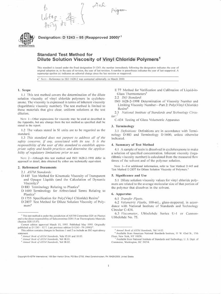 ASTM D 1243-95 (Viscosity of PVC) | PDF | Viscosity | Polymers