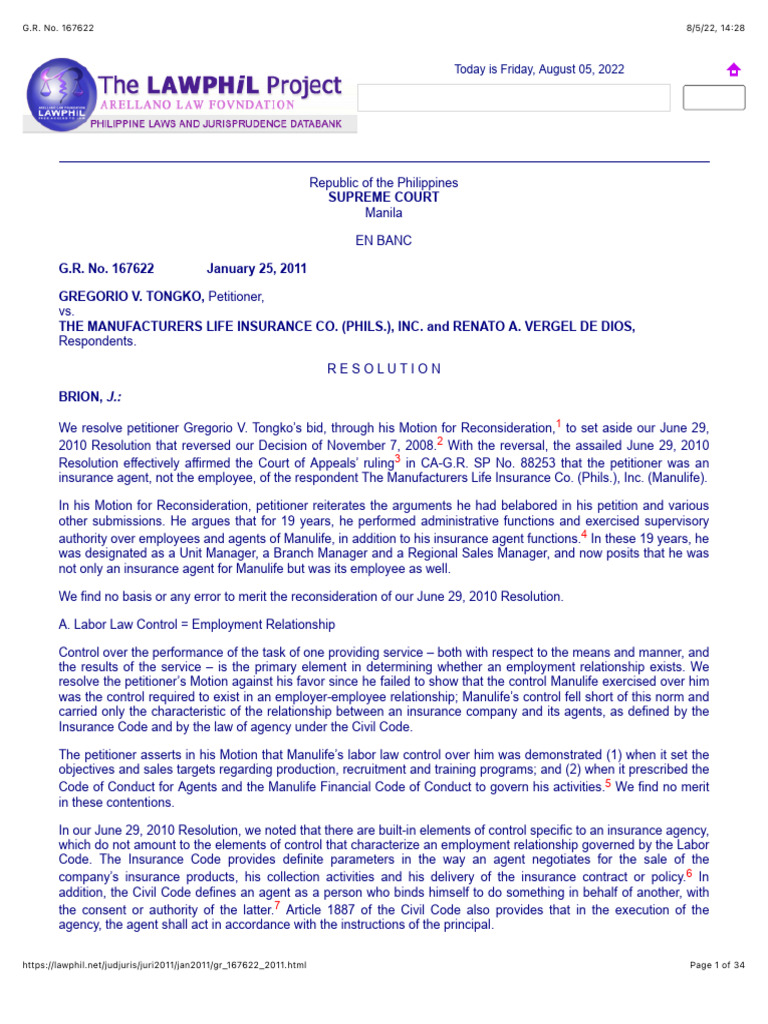 Tongko vs. Manulife: Employment Status Ruling | PDF | Employment ...