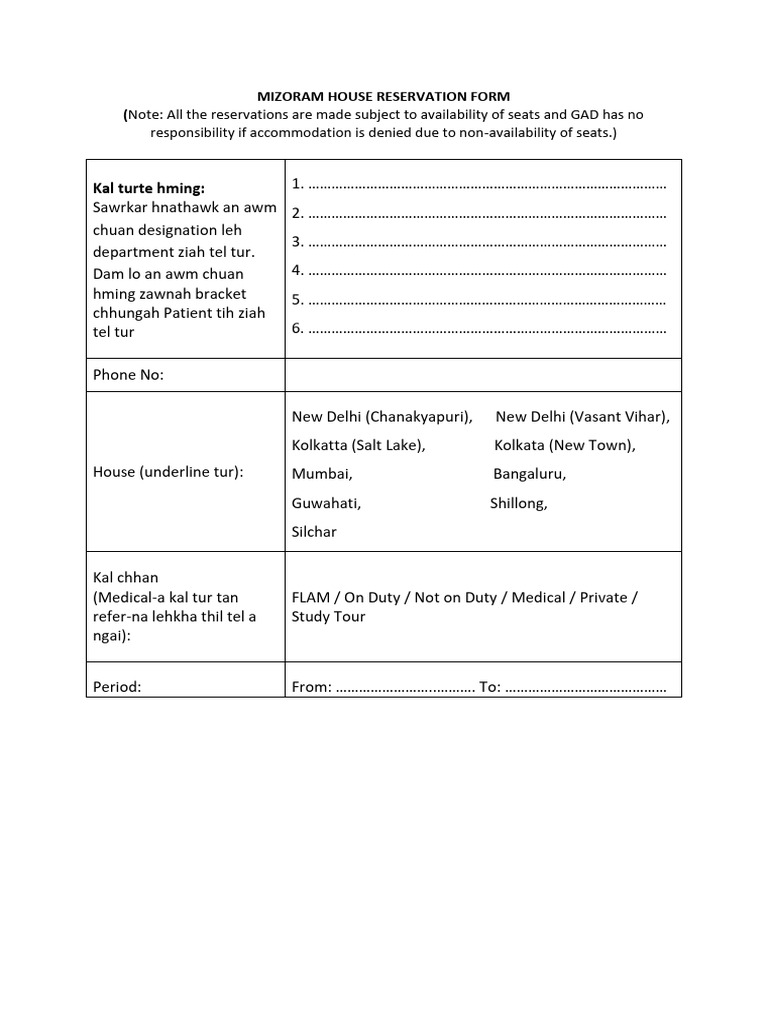 Mizoram House Reservation Form | PDF