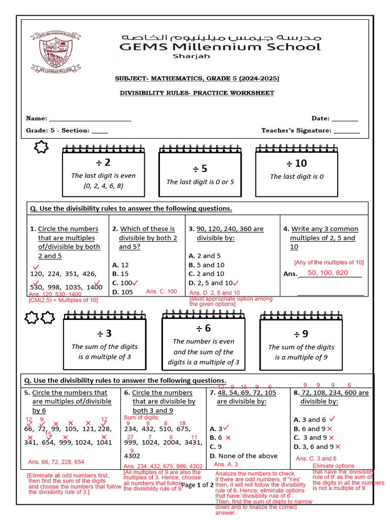 Ans - Key Divisibility Rules - Practice Worksheet - 3rd June, 2024 ...