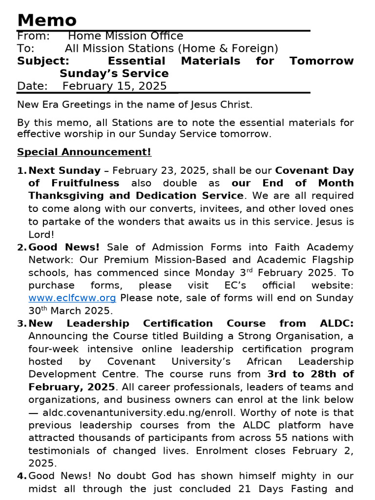 Essential Materials for Sunday Service | PDF
