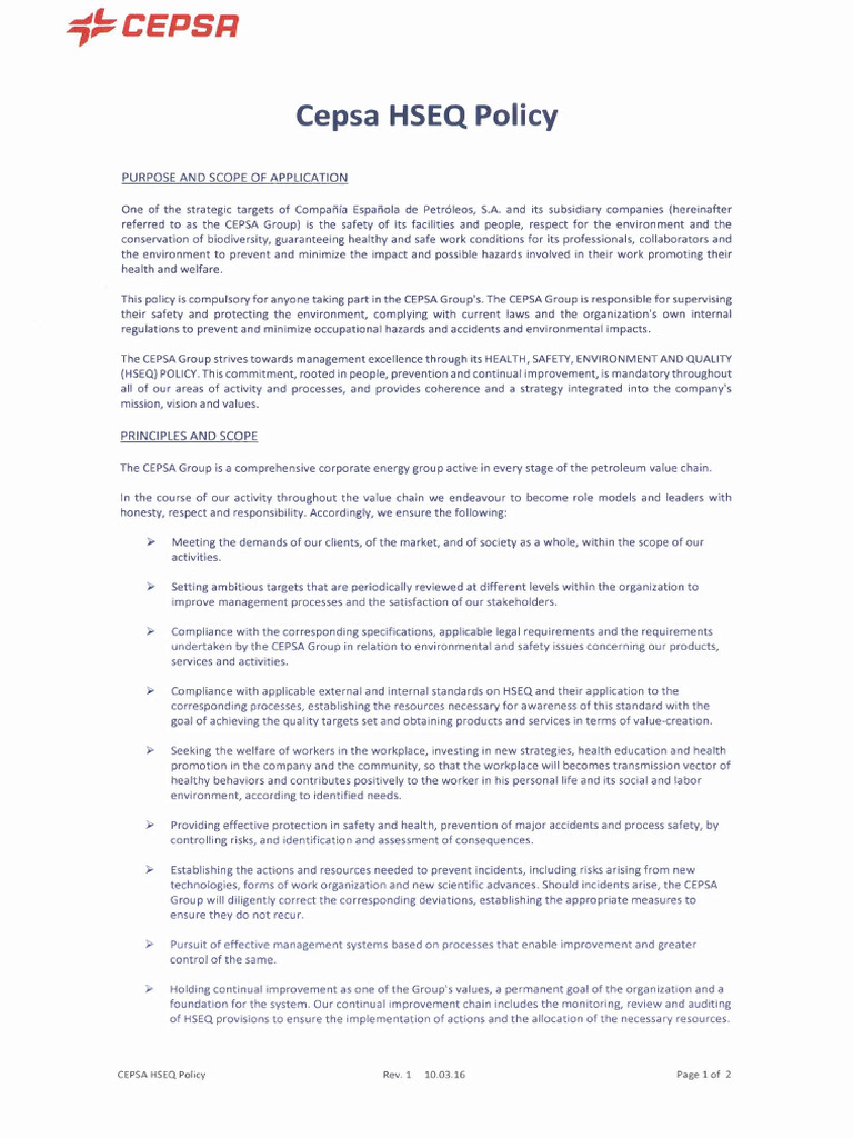 Cepsa-HSEQ-Policy | PDF | Occupational Safety And Health | Safety