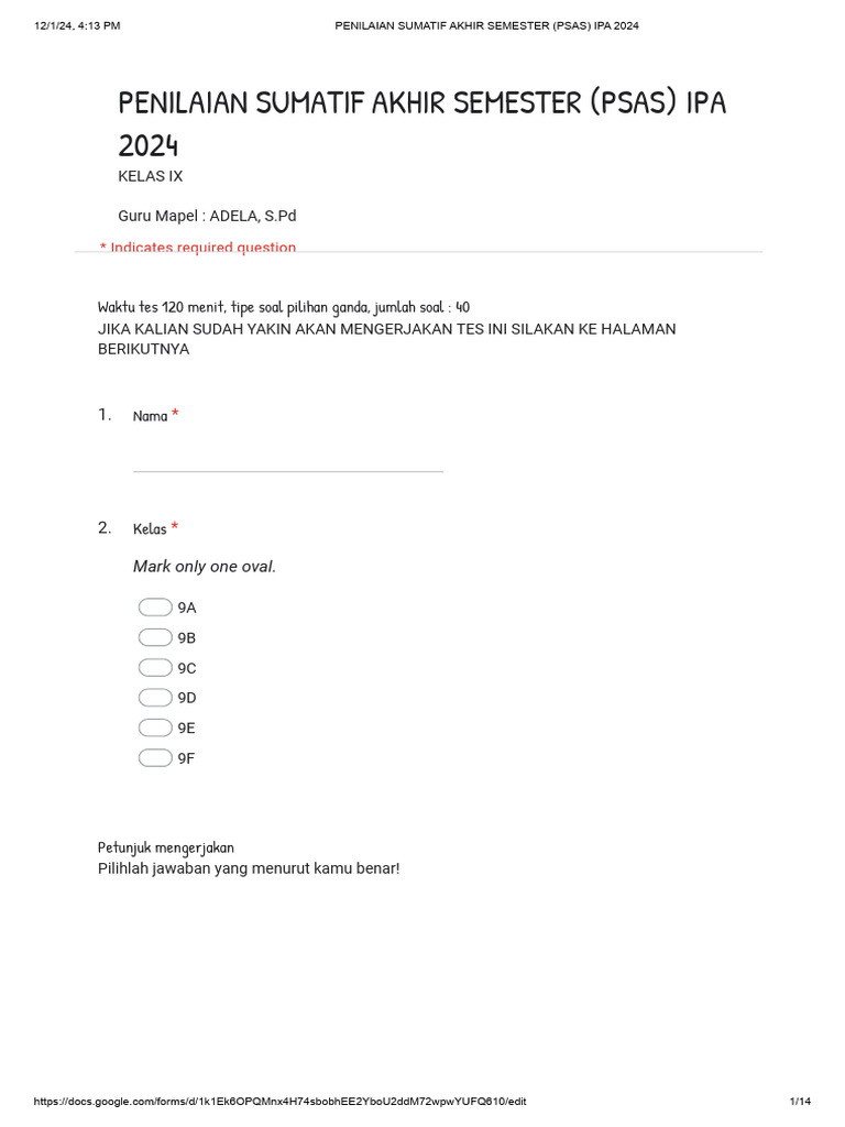 PSAS IPA KELAS IX 2425 - Google Forms | PDF
